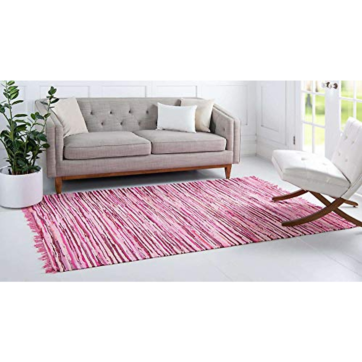 Unique Loom Chindi Cotton Collection Hand Woven Natural Fibers Area Rug_CCH002, 4 ft x 6 ft, Pink/Ivory