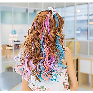 SWACC 22 Pcs Colored Party Highlights Clip on in Hair Extensions Multi-Colors Hair Streak Synthetic Hairpieces (11 Colors 22 Pcs in Set -Curly Wavy)