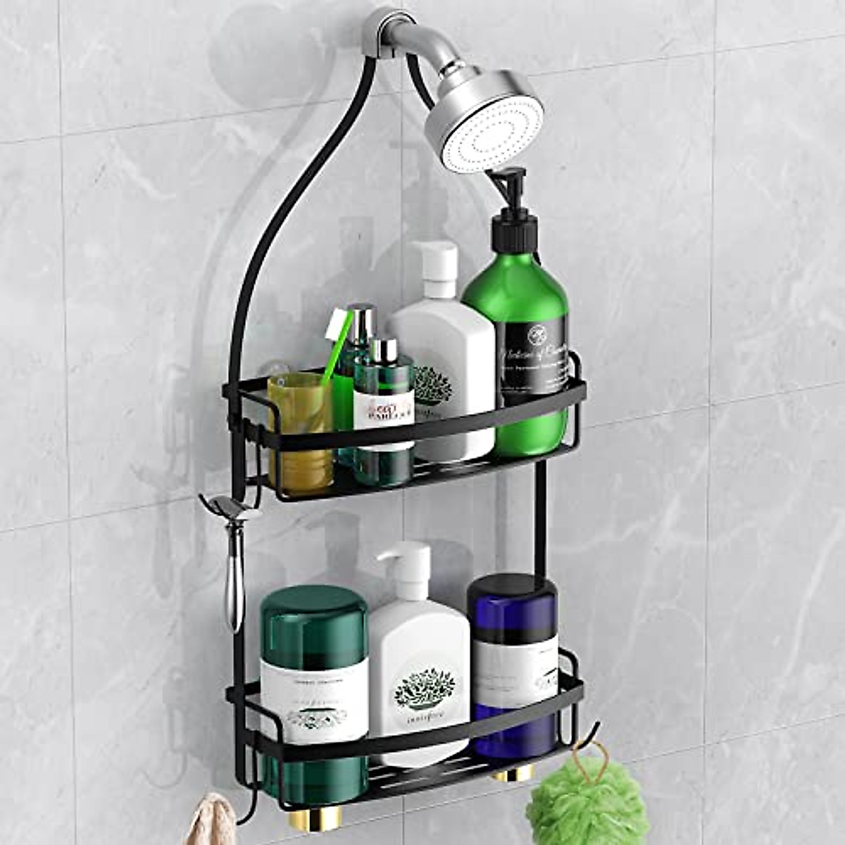 Kadolina Shower Caddy Over Shower Head, Bathroom Hanging Shower Organizer Holder Storage for Shampoo, Shower Storage Rack with Hooks for Razor and Sponge (Black)