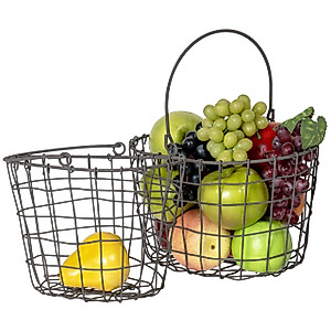 Red Co. All-Purpose Country Rustic Small Basket Display Bin, Gray Iron Metal Wire with Wooden Handle, Set of 2- Large- 10 Inches and Small- 8.75 Inches