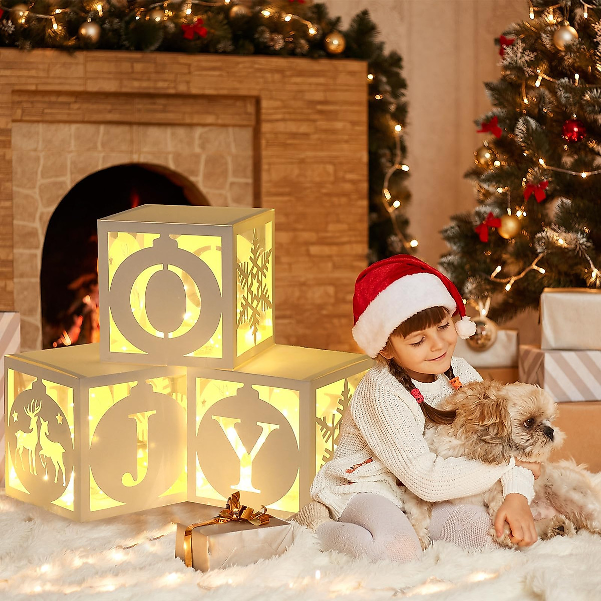 Light Up Christmas Decorations Indoor - 3pcs White Hollow-Out Paper Joy Boxes with Warm Light String, Holiday Fireplace Christmas Decorations for Home
