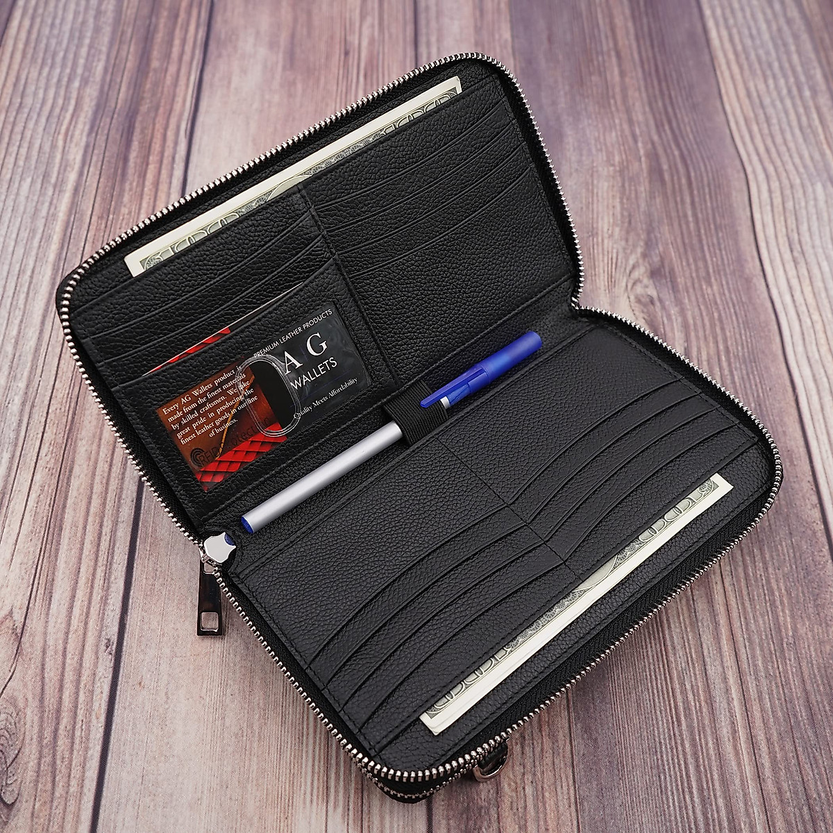 AG Wallets Women's Double Zipper RFID Leather Wristlet Wallet (Black Wax Finish)