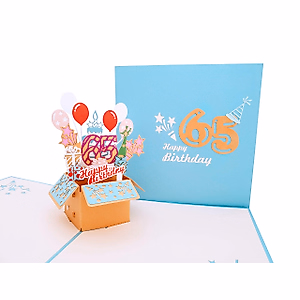 iGifts And Cards Happy 65th Blue Birthday Party Box 3D Pop Up Greeting Card – Sixty-Five, Awesome, Balloons, Unique, Celebration, Presents, Feliz Cumpleaños, Fun, Mom, Dad