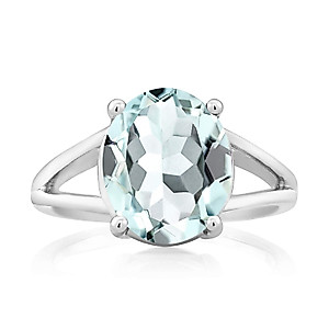 Gem Stone King 4.00 Cttw Sky Blue Simulated Aquamarine Ring For Women In 925 Sterling Silver | Gemstone Birthstone | Oval 12X10MM | Available In Size 5,6,7,8,9