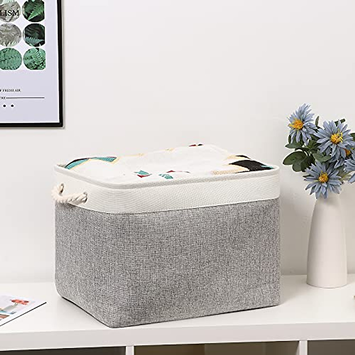 Bidtakay Baskets Set of 2 Shelf Baskets for Clothes 16" X 11.8" X 11.8" Collapsible Canvas Linen Storage Basket with Handles Large Storage Bins Fabric Baskets for Organizing, Closet(White&Grey)