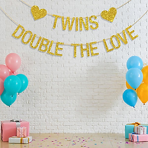 Ambishi Twins Double The Love Banner, Twins Baby Shower/Twins Birthday/Engagement/Wedding Party Decorations (Gold Gliter)