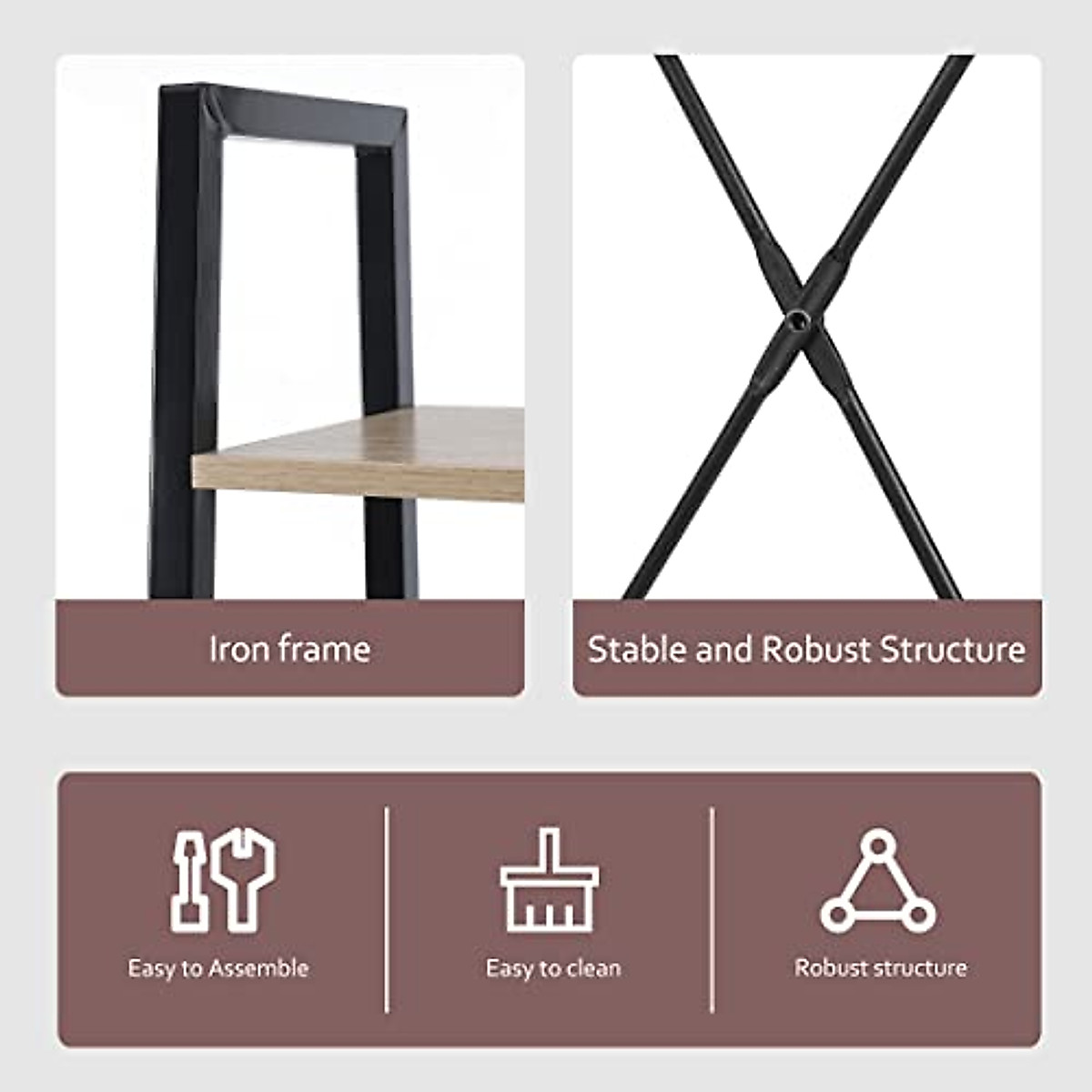 LuxenHome 4 Tier Ladder Bookshelf, 58'' Modern Leaning Bookshelf, Solid Real Wood Bookcase, Rustic Shelves with Industrial Metal Frame, Tall Wide Bookshelf Storage for Classroom, Light-Oak