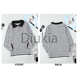 Diukia Sweatshirts Pullover Tops Womens 2022 Fall Cute Lightweight 1/4 Quarter Button V Neck Color Block Stand Collar Long Sleeve Pocket Pullover Sweatshirt for Ladies Teen Girls Juniors Gray L 12-14