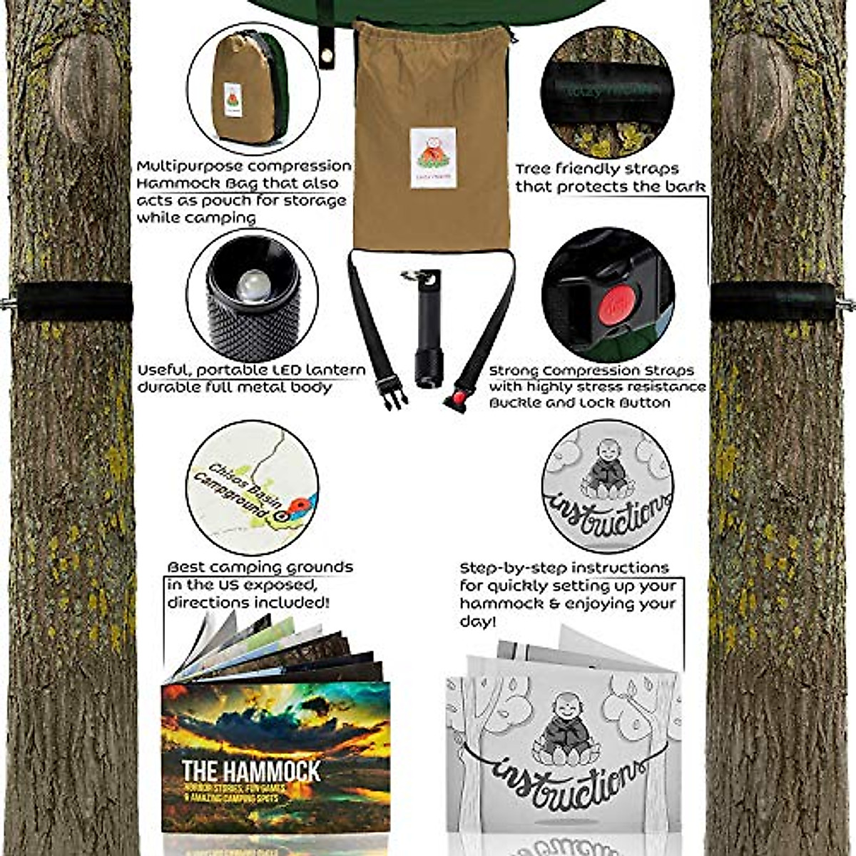 Lazy Monk 2 Person Hammock w/ Tree Straps | Portable Foldable Parachute Double Hamock Outdoor, Travel, Camping | Hamaca para dos | Complete Two People Couple Patio Backyard Outside Hanging Swing Amaca