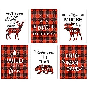 HLNIUC Woodland Animals Buffalo Plaid Nursery Wall Art,Red&Black Forest Deer Art Print,Set Of 6 (8”X10”,Unframed) Inspirational Kids Room Canvas Poster,Little Man Cave Decor For Boy Bedroom,Playroom