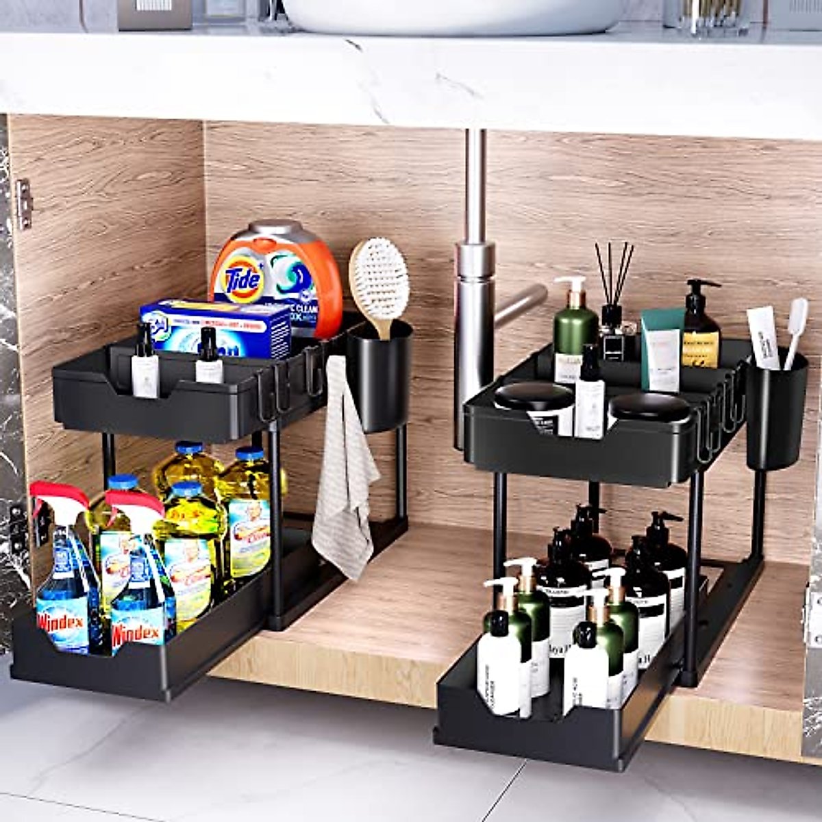 Puricon 2 Pack Clear Lazy Susan Turntable Organizer Bundle with 2 Pack Under Sink Organizers and Storage 2-Tier Double Sliding Pull-Out Drawer