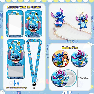 FETELAZ Stitch Stuff Merch Gifts Set, Include Drawstring Bag Backpack Coin Wallet Stickers Lanyard Necklace Bracelet Keychain Phone Holder Button Pins for Girls Teens Adults