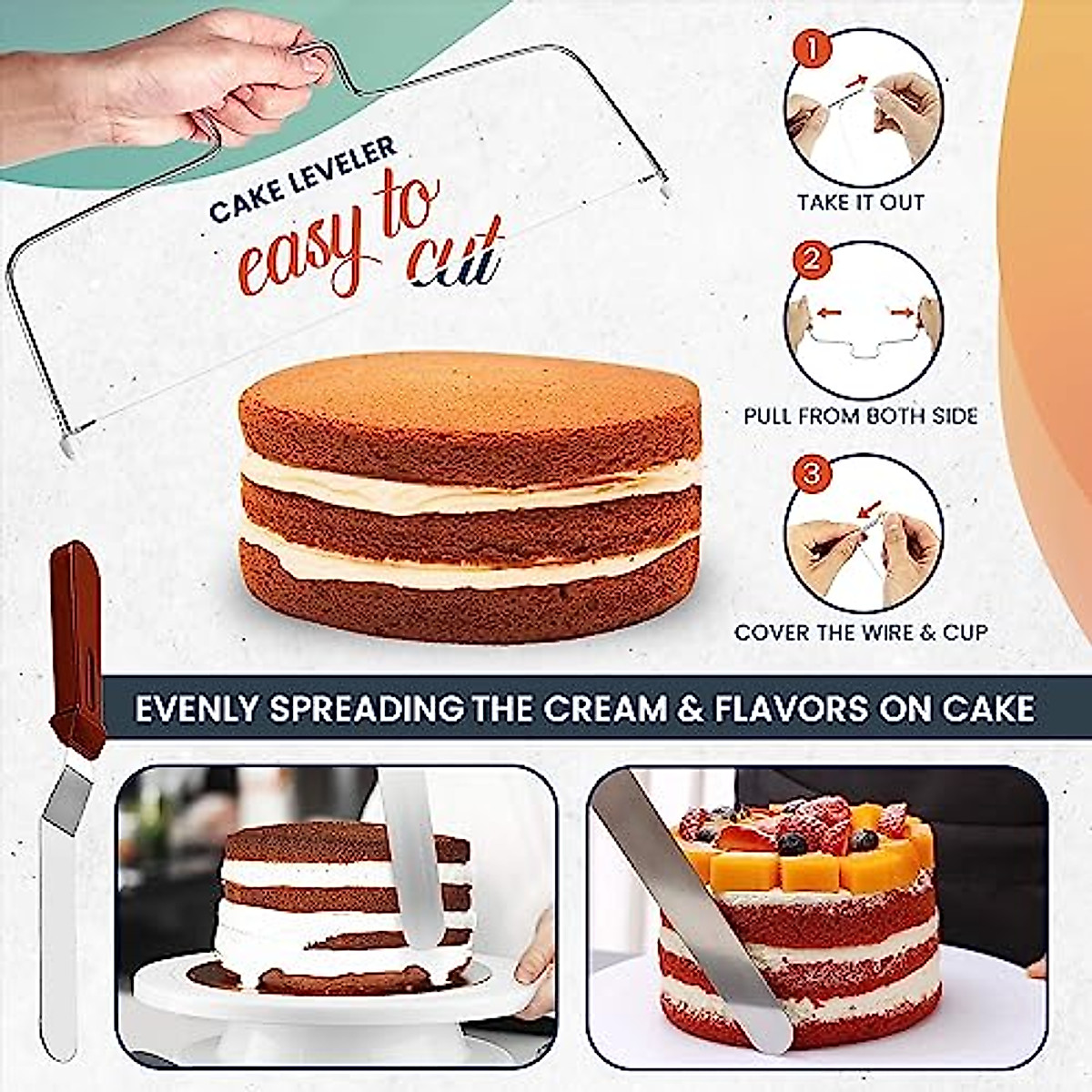 RFAQK 100pcs Cake Pan Set for Baking + Cake Decorating Supplies: 3 Round Non Stick Springform Pan Set (4, 7, 9 inches), Icing Tips, Cake Leveler – Multi-functional Leak-Proof Cheese Cake Pans & eBook