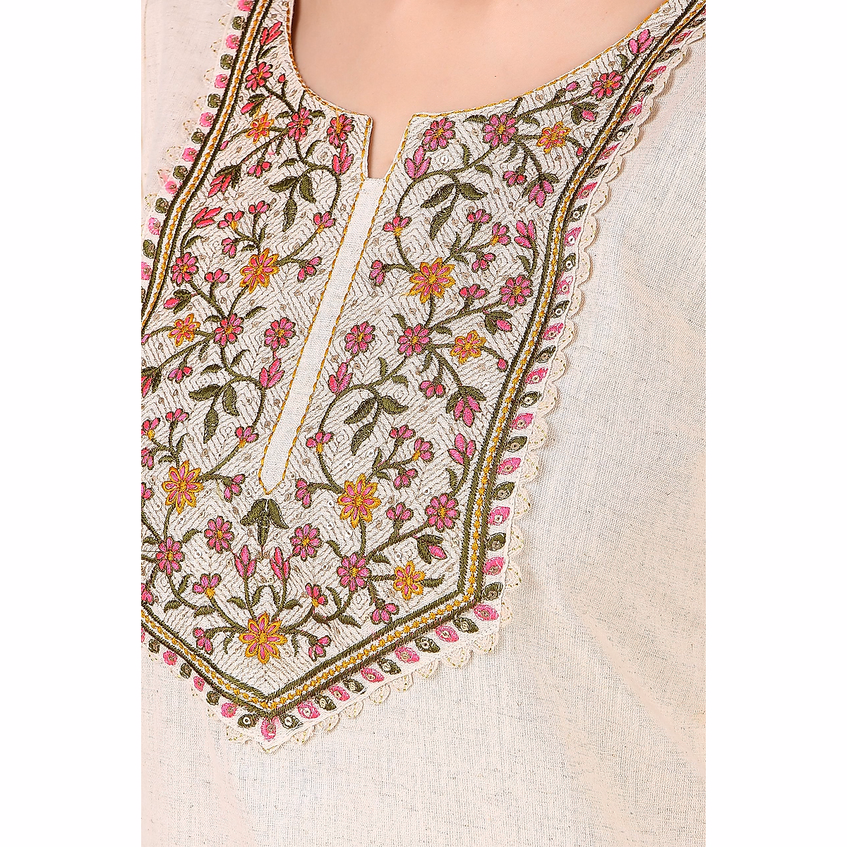 ladyline Rich Khadi Cotton Womens Tunic Top Multi Embroidered Kurti Kurta Dress (CEK SHKH690) (50/Cream)