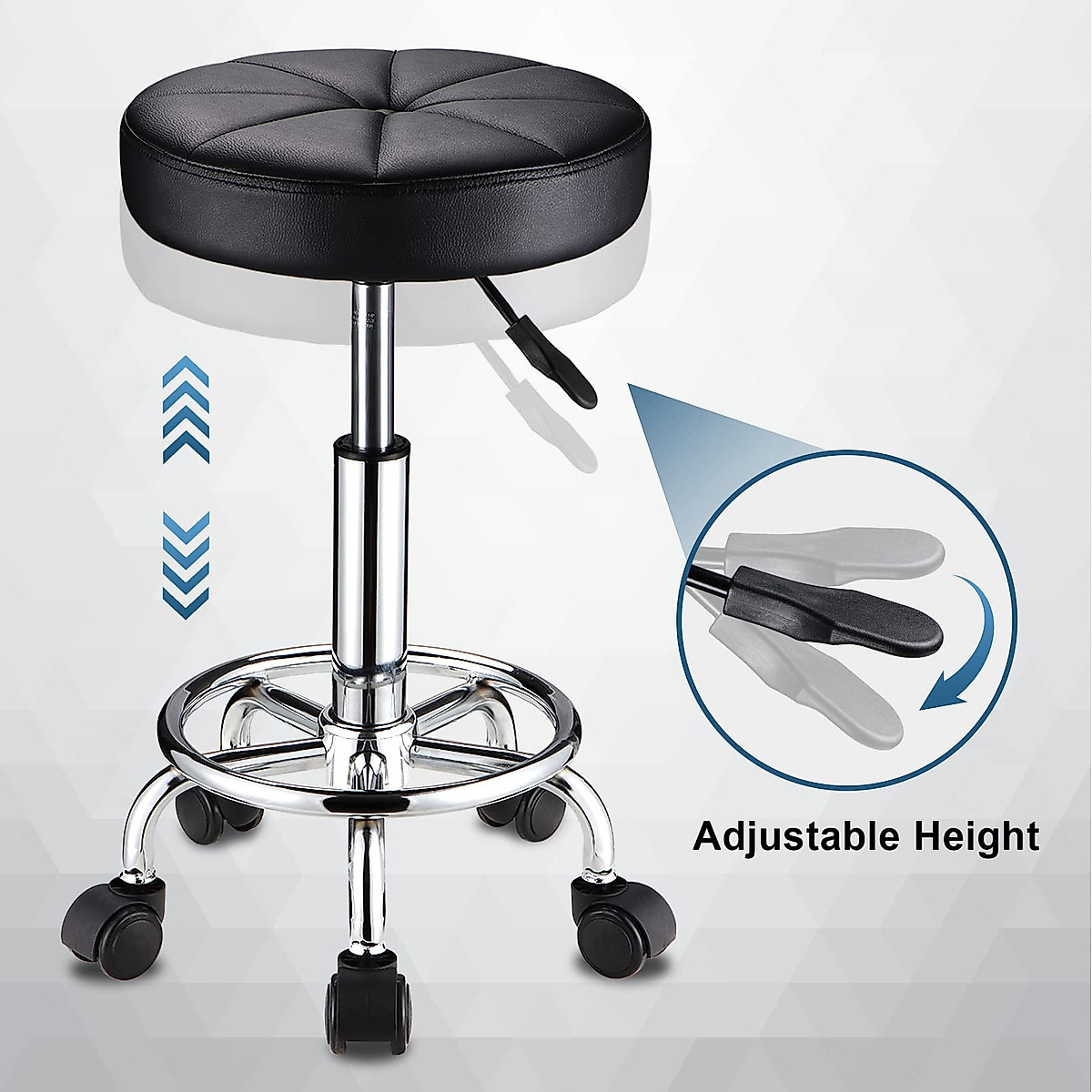 HMTOT Swivel Stool with Wheels Round Rolling Stools PU Leather Height Adjustable Black