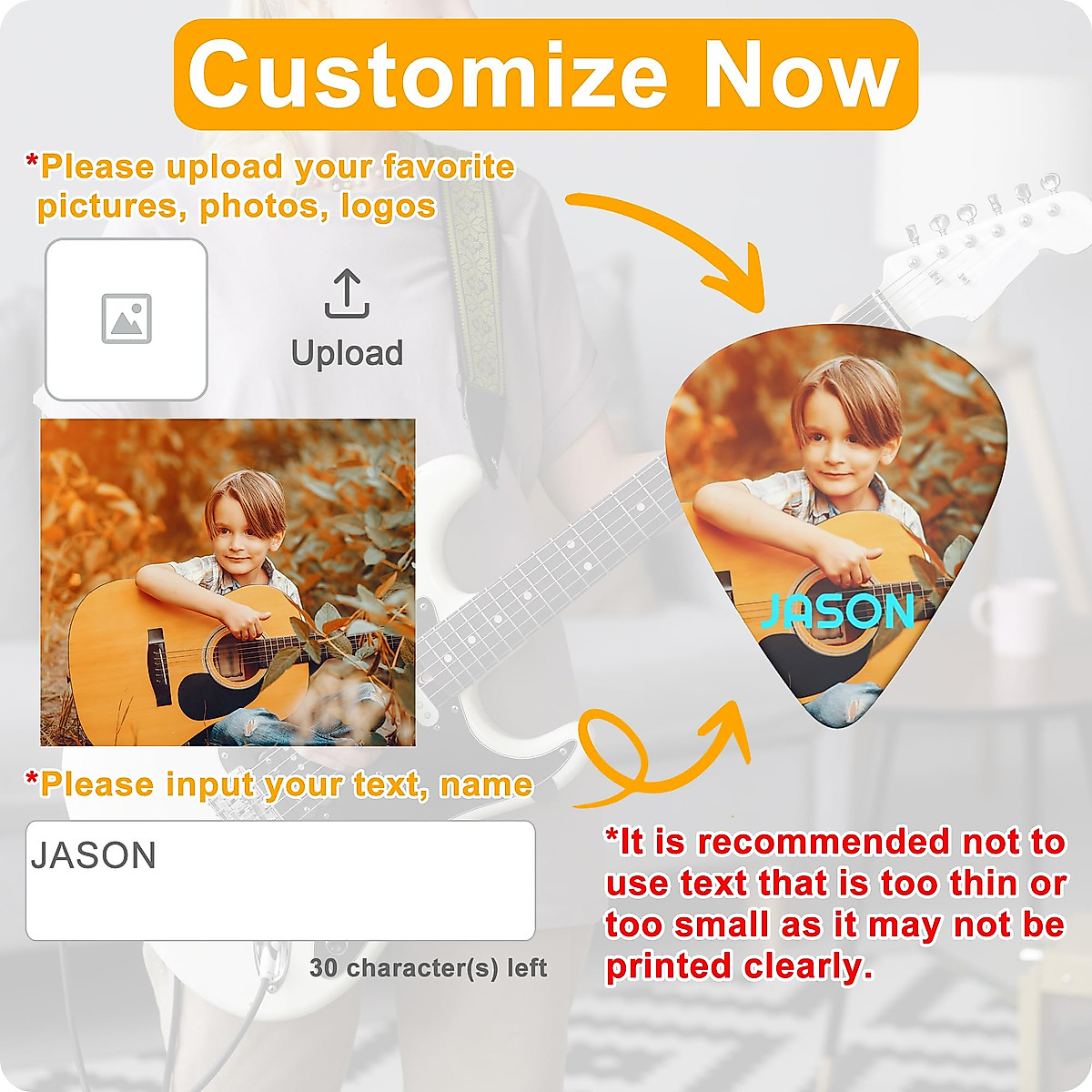 Custom Guitar Picks 6-180 pack Personalized Guitar Picks Set Design Photo Text Name 0.71mm Thin, Electric Guitar Bass Ukulele Accessories Memorial Gift for Men Women (0.71mm Double Sided Printing)