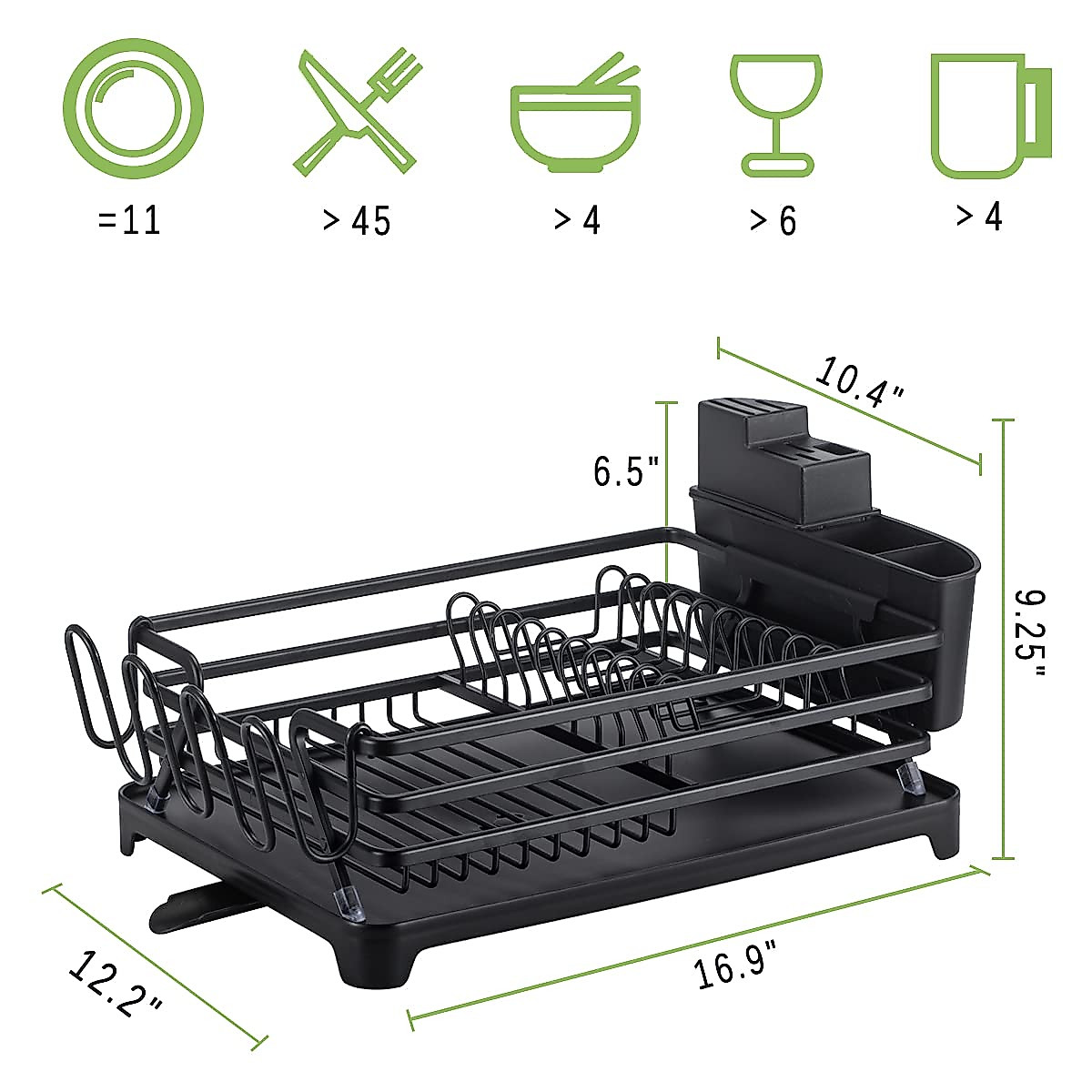 RTTRAO Luling Aluminum Dish Drying Rack, Rustproof Sink Dish Rack and Drainboard Set, Dish Drainer with Adjustable Swivel Spout, Removable Utensil Holder and Drainboard - Black