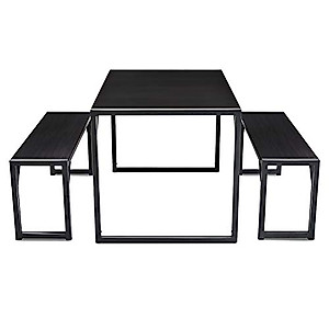 SHA CERLIN 3-Piece Dining Table Set with 2 Benches, Rustic Kitchen Table Set for 4-6, Space-Saving Dinette, Sturdy Structure, Easy Assemble, Black/Grey