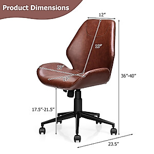 COSTWAY Armless Office Desk Chair, Mid-Back PU Leather Computer Task Chair with Rocking Back & Swivel Seat, Ergonomic Adjustable Leisure Chair with 5-Claw Metal Base for Home Office, Brown