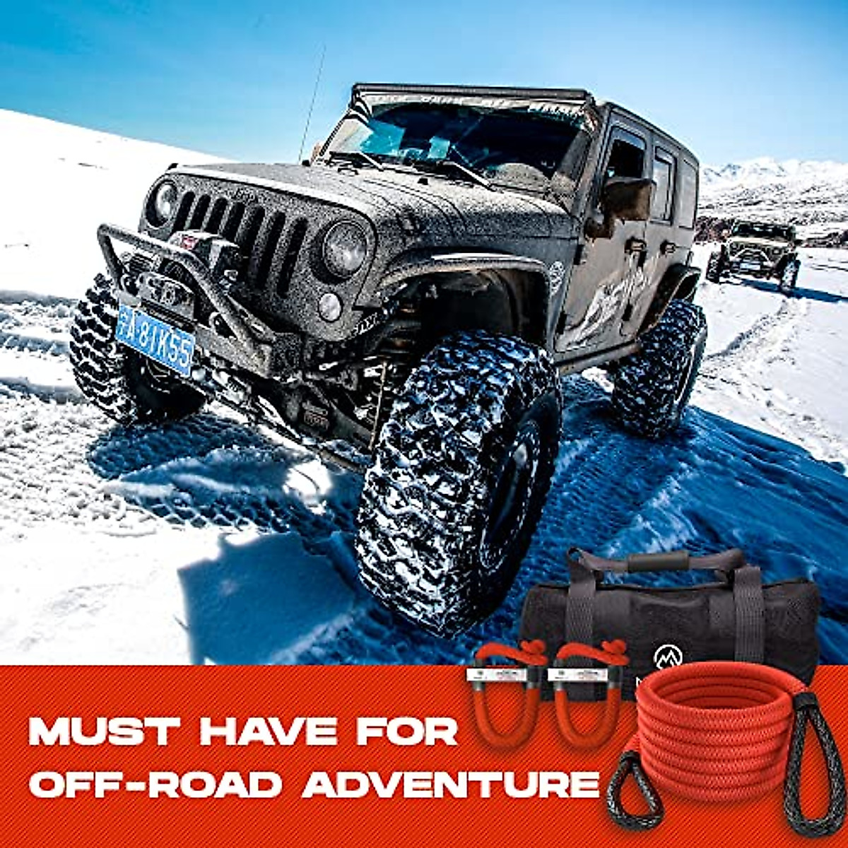 Miolle Kinetic Recovery Rope kit (Firecracker RED, 3/4" x20') - Heavy Duty Offroad Snatch Strap - Includes 2 Soft Shackle for UTV, ATV, Truck, Car, Jeep, Tractor - Ultimate Elastic Straps Towing Gear