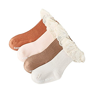 N / D Newborn Toddler Kids Baby Girls Infant High Knee Knitted Socks Cute Ruffle Lace Long Stockings Fall Winter (Beige White, 0-1 Years)