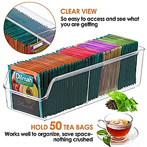 MaxGear Tea Bag Organizer Tea Bag Storage Tea Bag Holder Tea Box Clear Storage Bins for Sugar Packet, Coffee, Condiment, Spice Pouches in Kitchen, Cabinet, Countertop, Pantry, 10.4 x 3.5 x 3 inch