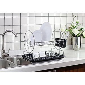 Deluxe Chrome-plated Steel 2-Tier Dish Rack with Drainboard/Cutlery Cup (BlackII)