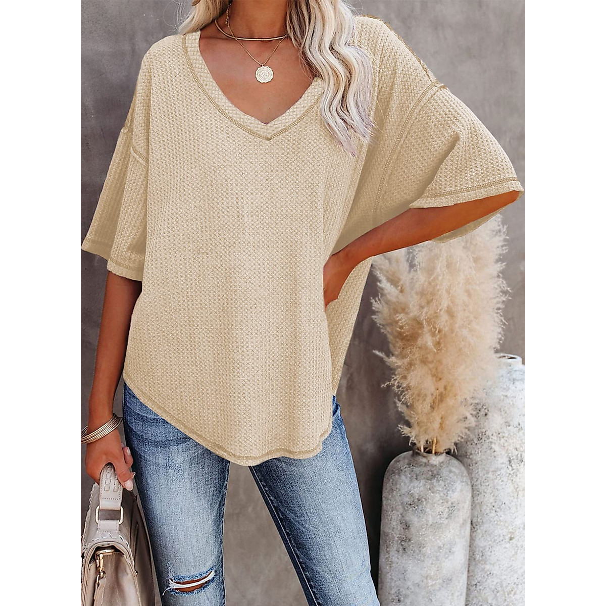 Dokotoo Womens Summer Casual Ladies V Neck Short Sleeve Shirts Waffle Knit Henley Tunic Tops Loose Fit Flowy Blouses Office Fashion 2025 Summer Apricot L
