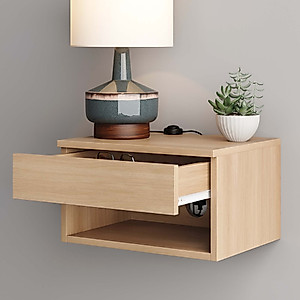 Nathan James Jackson Wall Mounted Floating Bedroom Nightstand with Storage Drawer and Modern Open Shelf Cubby, Light Oak Wood