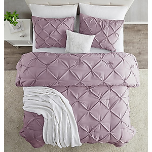 Clara Clark Dusty Purple Duvet Cover Queen Size - Pintuck Queen Duvet Cover Set, 3 Piece Double Brushed Duvet Covers with Button Closure, 1 Pinch Pleated Duvet Cover 90x90 inches and 2 Pillow Shams