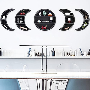 Mornajina 5 Pieces 10Inch Wooden Moon Shelf for Crystal Shelf Display, Floating Crescent Moon Phase Shelf, Moon Wall Shelf for Decor Bedroom Storage (Black), Floating Shelves