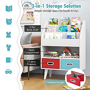 GLACER 5-Tier Kids Bookshelf, Wooden Children’s Book Rack with Toy Storage Organizer, Toddler Montessori Bookshelf with 2 Foldable Storage Cubes, Kids Bookcase for Nursery, Classroom, Playroom (White)