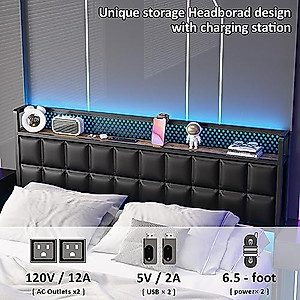 Halitaa Full Size Bed Frame with Headboard and Led Lights,Upholstered Bed Frames with Charging Station,Platform Metal Bed with Storage Shelves,No Box Spring Needed,Easy Assembly
