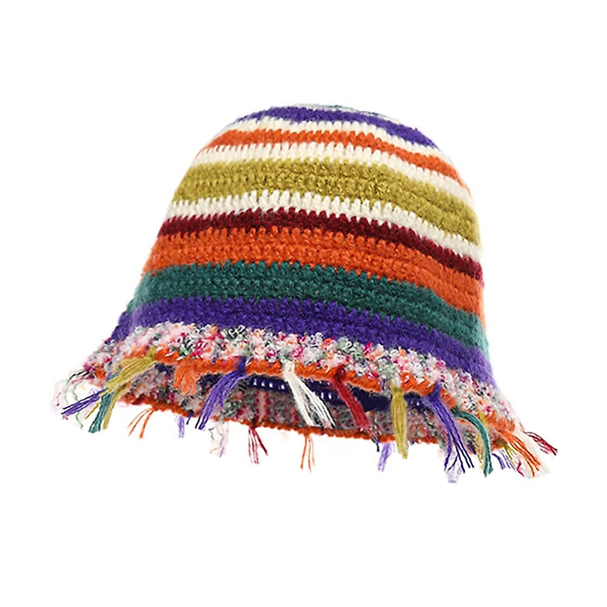 QOOEQPQY Women Stripes Winter Bucket Hat Handmade Crochet Beanie Cap Knitted Fuzzy Hat Colorful Fluffy Trim (Colorful)