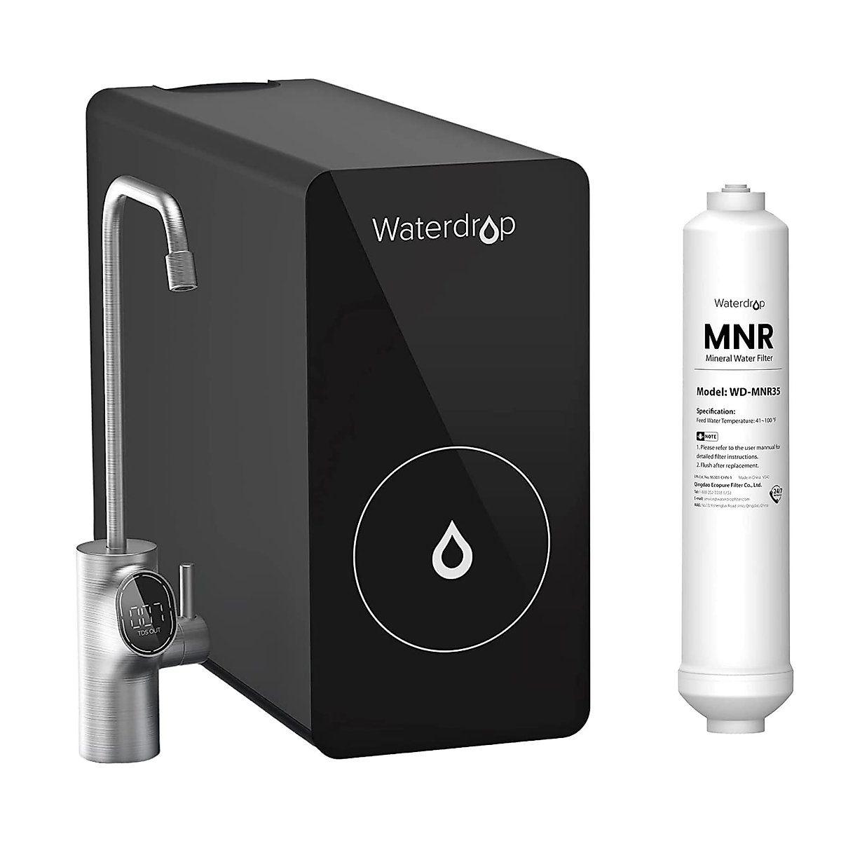 Waterdrop D6 Reverse Osmosis System with WD-MNR35 Remineralization Filter, Tankless, 600 GPD, 2:1 Pure to Drain, Smart LED Faucet, Reduce TDS, High Flow, USA Tech Support, Bundle