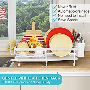 YKLSLH Expandable Dish Drying Rack Dish Racks for Kitchen Counter, Space Saving Dish Rack,Durable Kitchen Drying Rack with Drainboard, Glass Holder, Utensil Holder - White