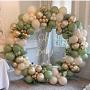 Sage Green Sand White Balloon Garland Arch Kit with Chrome Metallic Gold Avocado Olive Balloons for Baby Shower Bridal Shower Bachelor Party Wedding Birthday Party Decorations