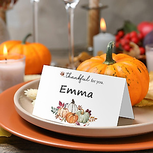JarThenaAMCS 50Pcs Thanksgiving Table Tent Place Cards Thankful Pumpkin Guest Seating Cards Name Escort Card Folded Seat Assignment Setting Label for Wedding Baby Shower Birthday Party