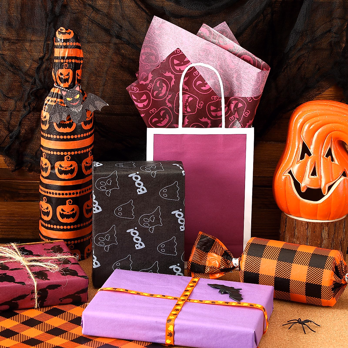 SANNIX 100 Sheets Halloween Tissue Paper Black Orange Wrapping Paper with Cobweb Bat Ghost Pumpkin Pattern for Halloween DIY Crafts Fall Holiday Decoration Gift Packing 19.7 ×13.8 Inch (10 Patterns)