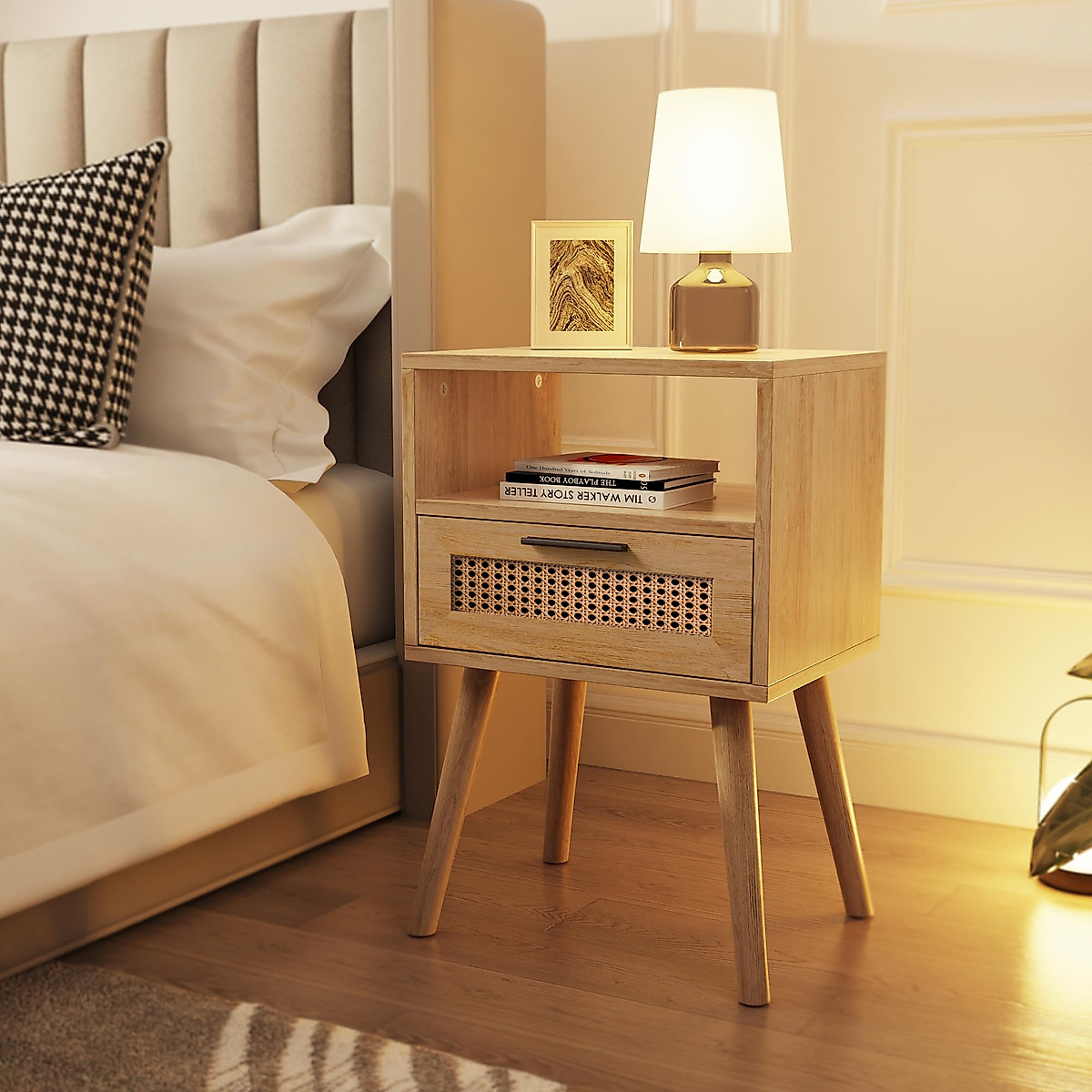 AmzYuga Nightstands Set of 2, Rattan Night Stand, Boho Nightstand with Drawer Open Storage, Modern Bed Side Table with Solid Wood Feet for Bedroom