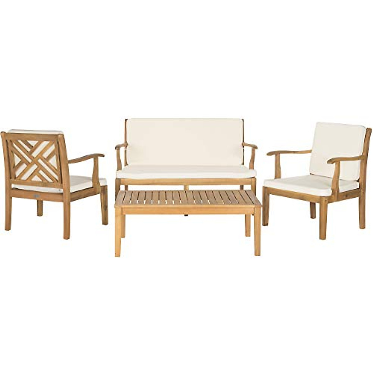 SAFAVIEH Outdoor Living Collection Bradbury 4-Piece Outdoor Living Set, Natural/Beige, Chair: 25.6" x 24.8" x 31.9" Bench: 48.4" x 24.8"