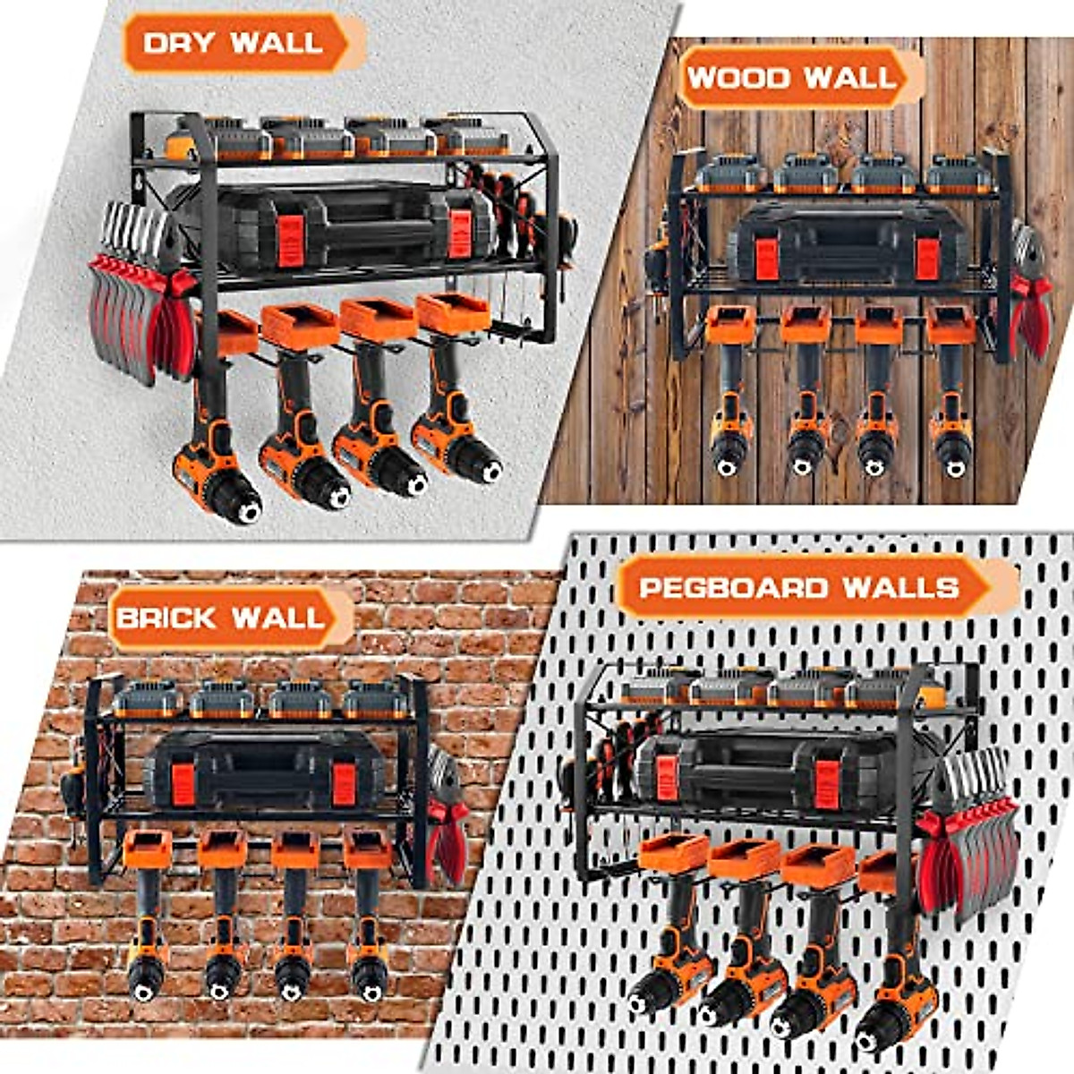Power Tool Organizer, Drill Holder Wall Mount, 3 Layers Heavy Duty Metal Tool Shelf Suitable for Toolroom and Garage, Cordless Tool Organizer Storage Rack for Electric Drill, Spanner, Screwdriver