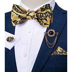 DiBanGu Shiny Black Gold Self Bow Tie for Men Jacquard Woven Paisley Bow Tie Pocket Square Cufflinks Lapel Pin Wedding
