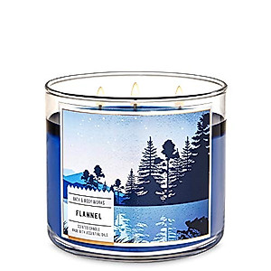 White Barn Bath & Body Works Flannel 3-Wick Candle 14 oz Blue Mountain & Trees Label