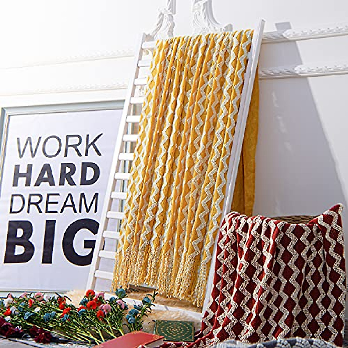 NTBAY Acrylic Knitted Throw Blanket, Lightweight and Soft Cozy Decorative Woven Blanket with Tassels for Travel, Couch, Bed, Sofa, 51x67 Inches, Mustard Yellow Wave