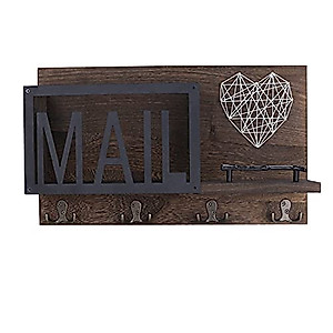 FREEDHIN Mail Organizer Wall Mount with 4 Key Hooks, Key Holder for Wall Wooden Mail Sorter Organizer and Floating Shelf Rustic Home Decor for Entryway or Mudroom (Dark Brown)