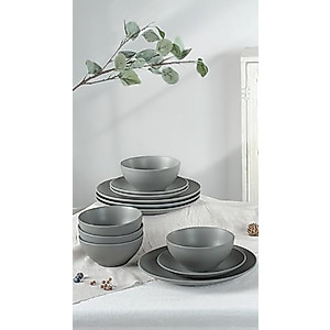 Famiware Moon Dinnerware Sets for 4, 12 Piece Stoneware Plates and Bowls Sets with Speckled Design, Microwave and Dishwasher Safe, Dark Gray