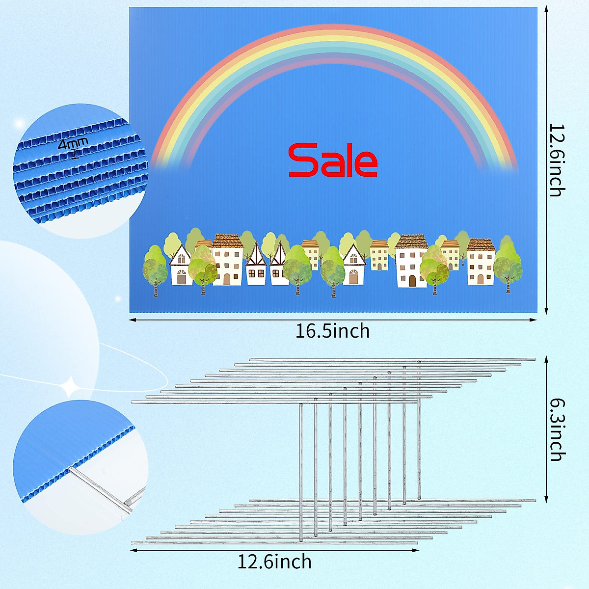 20 Pack Large Size Blank Yard Signs with Stakes 16.5 x 12.6 Inch Blue Corrugated Plastic Sheet Real Estate Garage Sale Signs with Stakes Open House for Rent Sign with Stand for Lawn Party Decorations