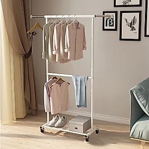 Simple Trending Standard Clothing Garment Rack, Rolling Clothes Organizer with Wheels and Bottom Shelves, Extendable, White