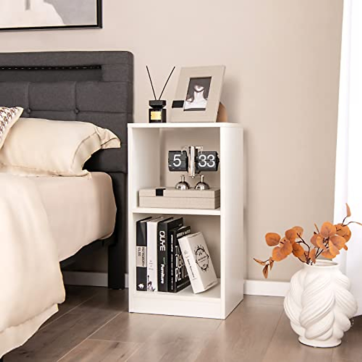 Giantex 2-Pcs 2-Tier White Bookshelf, Narrow Wood Bookcase with Anti-Tipping Kit, Short Open Shelving Rack for Small Space, Mini Cube Bookshelf for Living Room, Bedroom, Kids Room, Classroom